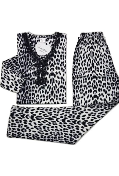 Angelina Kadın Siyah Beyaz Leopar Bambu Uzunkollu-Uzun Pantolon Pijama Takımı 3177