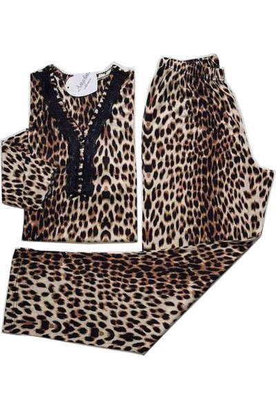 Angelina Kadın Leopar Desenli Bambu Uzunkollu-Uzun Pantolon Pijama Takımı 3460