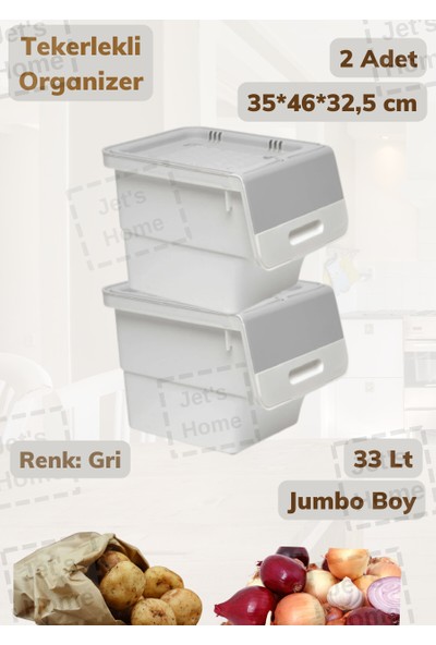 Jet’s Home 2’li Jumbo Boy Organizer Kutu Tekerlekli Patateslik Soğanlık Sepeti Gri 33 Lt