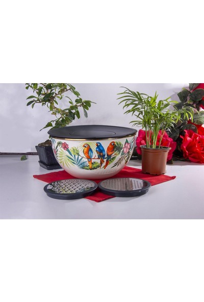 Miss Betty Vintage Parrot Emaye Karıştırma ve Rende Seti Miss Betty Vintage Parrot Emaye Karıştırma ve Rende Seti