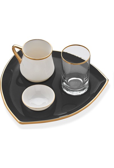 Glore Solid Siyah Altın Yaldızlı Cam Üçgen Keyiflik Ikram Takımı
