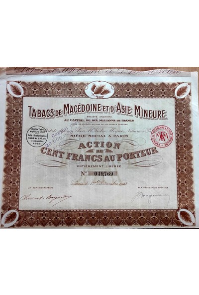 Trcollect 1923 Damgalı Makedonya Tabacs Şirketine Ait Hisse Senedi Trcollect 1923 Damgalı Makedonya Tabacs Şirketine Ait Hisse Senedi