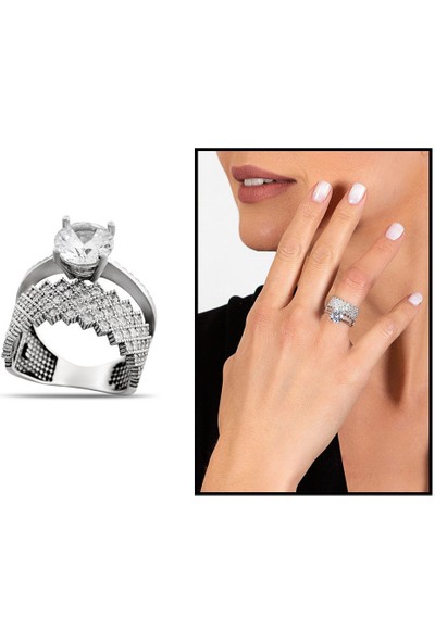 Gümüş Hediye Al Zirkon Taşlı Taç Tasarım 925 Ayar Gümüş Kadın Tektaş Yüzük