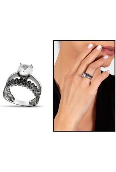 Gümüş Hediye Al Siyah Zirkon Taşlı Taç Tasarım 925 Ayar Gümüş Kadın Tektaş Yüzük Gümüş Hediye Al Siyah Zirkon Taşlı Taç Tasarım 925 Ayar Gümüş Kadın Tektaş Yüzük