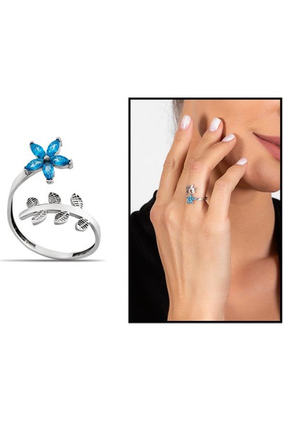 Gümüş Hediye Al Mavi Zirkon Taşlı Kardelen Çiçeği Tasarım 925 Ayar Gümüş Kadın Yüzük