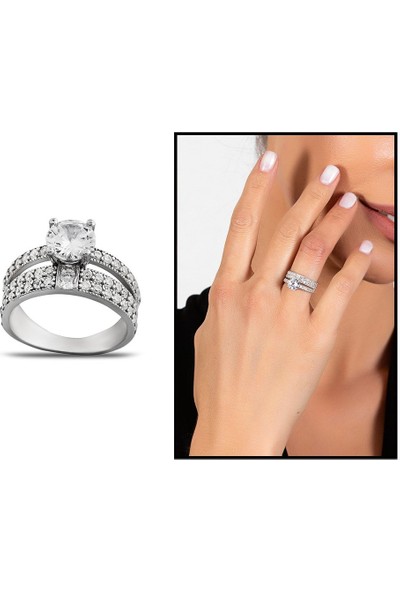 Gümüş Hediye Al Zirkon Taşlı Çift Sıra Tasarım 925 Ayar Gümüş Kadın Tektaş Yüzük
