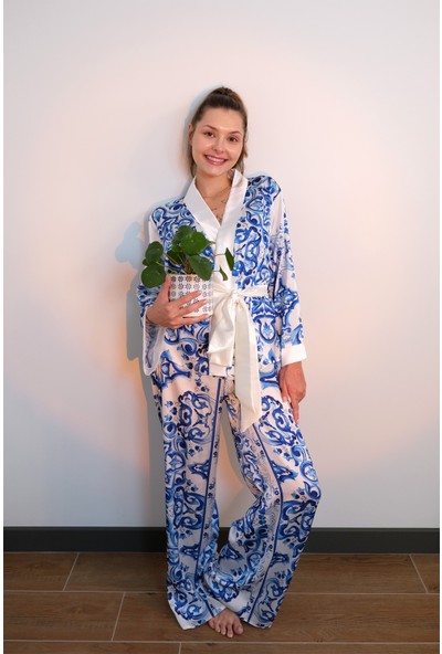 Mita Concept Mavi Desenli Ipeksi Saten Alt-Üst Takım