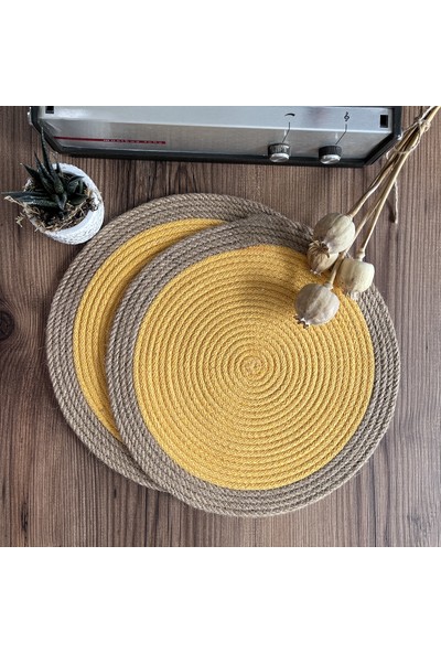 Karnaval Home Karnaval Bordürlü Hardal Sarı Jüt Amerikan Servis 2'li Örme Hasır Supla