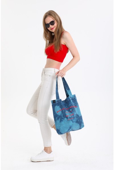Baag Istanbul Tasarım Özel El Boyamalı Yıkamalı Mavi Renkli Baskılı Kot Omuz Çantası