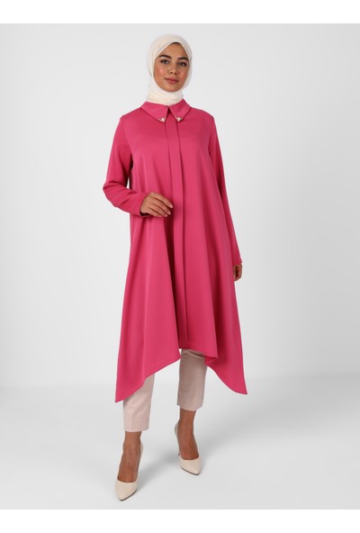 Tavin Yakası Taş Detaylı Tunik - Fuşya - Tavin