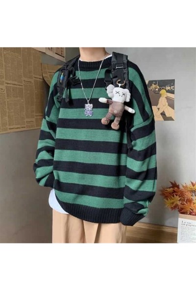 Daily Fashion Yeşil Siyah Çizgili Streetwear Oversize Kazak