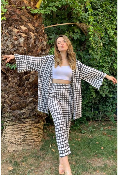 Sista Siyah Beyaz Pötikare Desenli Bürümcük Kumaş Kimono Pantolon 2'li Kadın Takım