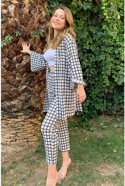Sista Siyah Beyaz Pötikare Desenli Bürümcük Kumaş Kimono Pantolon 2'li Kadın Takım