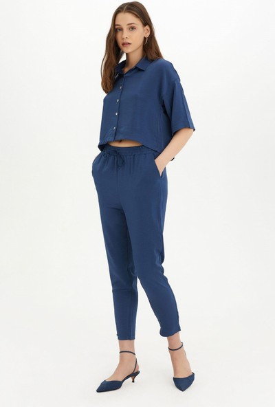 Sherin Kadın Indigo Saten Gömlek Pantolon Takım SWTK4406-4407İN