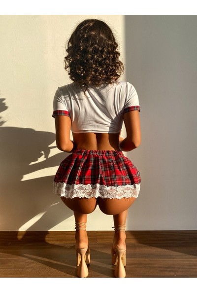 Red Lingerie Dantel Detaylı Mini Fantezi Liseli Kostümü Red Lingerie Dantel Detaylı Mini Fantezi Liseli Kostümü