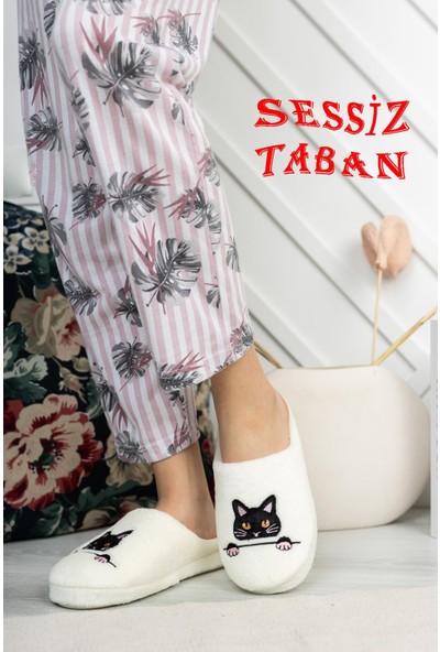 Xstreet Rp-Kedi Yünlü Kadın Ev Terliği Ses Yapmayan Yumuşak Taban