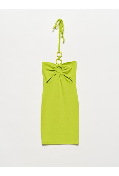Dilvin 90382 Halka Detaylı Mini Elbise-Koyu Lime