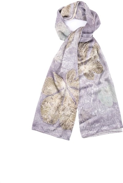 Silk And Cashmere Gri Saf Ipek El Baskısı Ekolojik Şal 90 x 200 cm