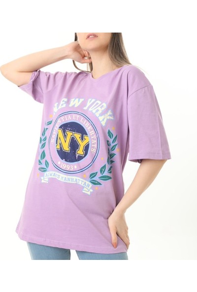Mor Newyork Baskılı Oversize Tshirt
