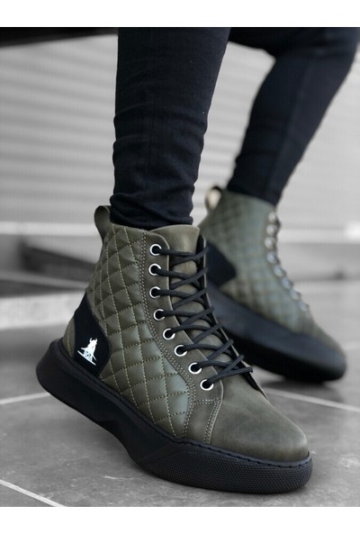 Pabucmarketi Bağcıklı Haki Kapitone Erkek Yüksek Taban Spor Bot