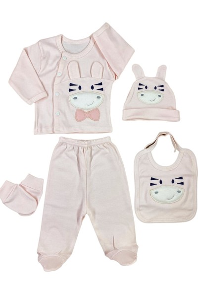Miniel Kız Bebek Zebra Nakışlı 5li Hastane Çıkışı Seti - Somon Miniel Kız Bebek Zebra Nakışlı 5li Hastane Çıkışı Seti - Somon
