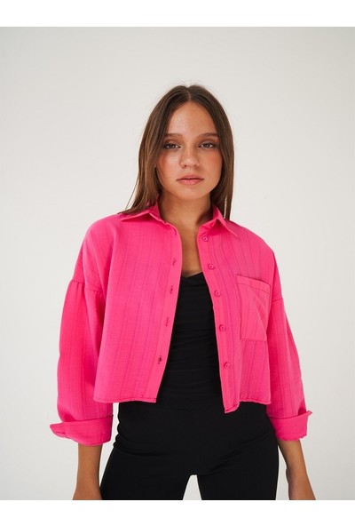 Eylulmoda Kadın Gömlek Ön Düğmeli Tek Cep Düşük Omuz Gömlek