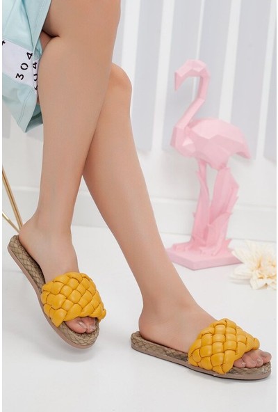 Pabucmarketi Örgülü Hasır Taban Hardal Kadın Terlik