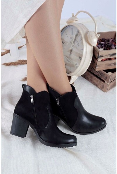 Pabucmarketi Siyah Suni Deri-Süet Kadın Bot
