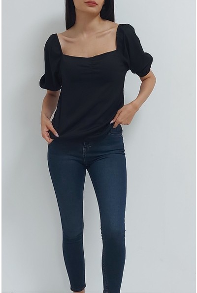 Atsy Kare Yaka Balon Kol Bluz Siyah