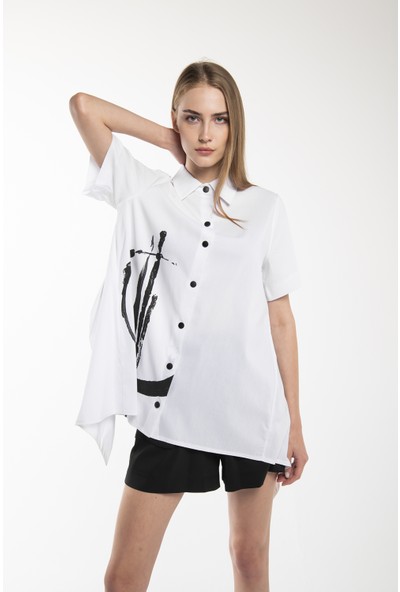 B-one Kadın Gömlek Arkası Kısa Önü Uzun Sırtı ve Kolu Halka Detaylı