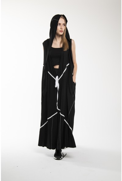 B-one Kadın Siyah Yelek Uzun Beyaz Şerit Detaylı Kuşaklı Kapüşonlu Kaftan&kimono B-one Kadın Siyah Yelek Uzun Beyaz Şerit Detaylı Kuşaklı Kapüşonlu Kaftan&kimono
