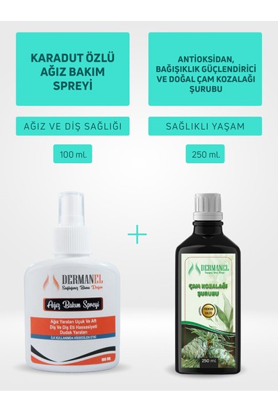 Dermanel Ağız Bakım Seti Çam Kozalağı Şurubu + Karadut Özlü Ağız Sprey Dermanel Ağız Bakım Seti Çam Kozalağı Şurubu + Karadut Özlü Ağız Sprey
