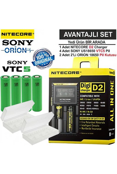 Nitecore D2 Şarj Aleti, Sony Vtc5 18650 Pil, Orıon 18650 Pil Kutusu / 7'li Set Nitecore D2 Şarj Aleti, Sony Vtc5 18650 Pil, Orıon 18650 Pil Kutusu / 7'li Set