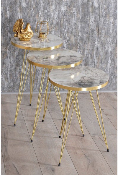 Ellnaz Zigon Sehpa 3'lü Gold Tel Ayak Efes