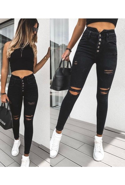 Rengamoda Yüksek Bel 5 Düğme ve Yırtık Detaylı Kot Pantolon Jean Rengamoda Yüksek Bel 5 Düğme ve Yırtık Detaylı Kot Pantolon Jean