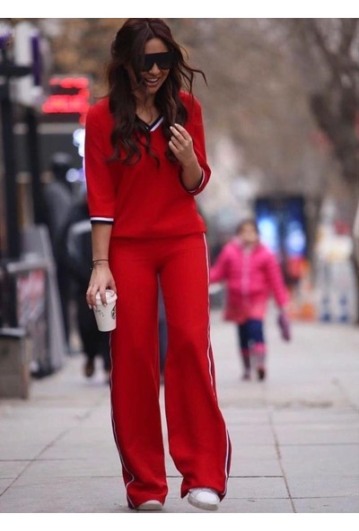 Rengamoda Şerit Detay V Yaka Ikili Takım (Kırmızı)