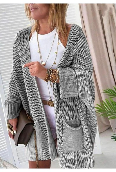 Rengamoda Oversize Kalıp Cepli Salaş Triko Hırka (Gri)