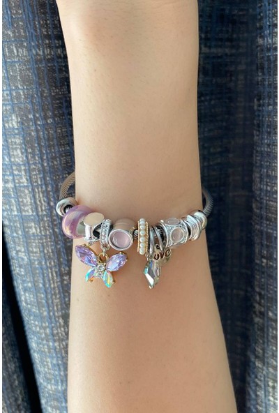 Pingala Aksesuar Kelebek Charmlı Pandora Çelik Bileklik Pingala Aksesuar Kelebek Charmlı Pandora Çelik Bileklik