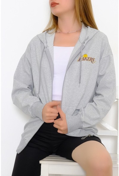 Fermuarlı Baskılı Sweat Gri