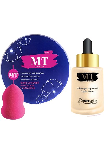 MT Porselen Fondöten, Likit Aydınlatıcı Highlighter ve Armut Sünger Makyaj Seti MT Porselen Fondöten, Likit Aydınlatıcı Highlighter ve Armut Sünger Makyaj Seti