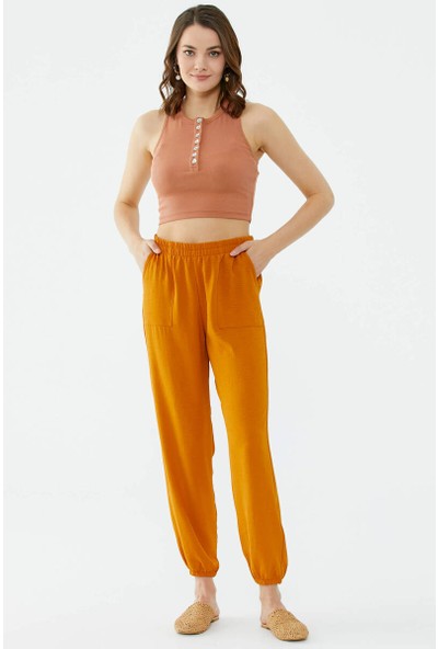 Sementa Paçası Lastikli Rahat Kalıp Krep Pantolon - Tarçın