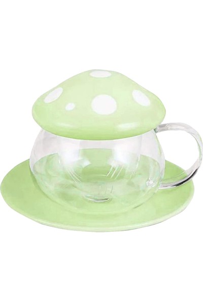 Mantar Cam Kupa 290 ml W Çay Demlik Filtresi Kapak Şeffaf Isıya Dayanıklı Yeşil