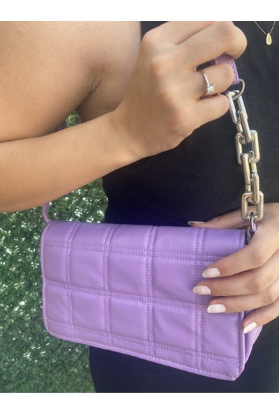 Plus Kare Nakışlı El ve Omuz Çantası - Mor