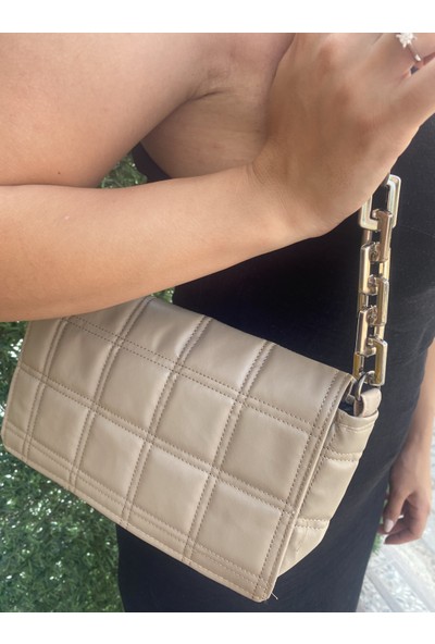 Kare Nakışlı El ve Omuz Çantası - Bej