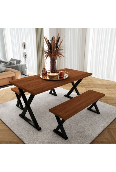 Woodesk Art Masif Tik Renk 140X70 Çift Banklı Masa Takımı CPT7186-140