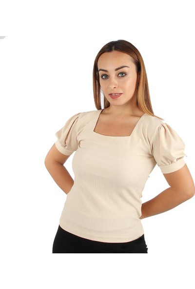 Saramodex Kadın Siyah Kare Yaka Balon Kollu Örme Bluz