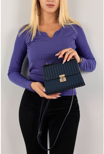 Moda Lacivert Parlak Doku Omuz Çantası Moda Lacivert Parlak Doku Omuz Çantası