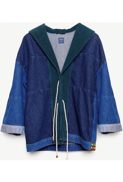 Kadife Detaylı Denim Pardösü
