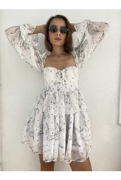 Kadın Desenli Kat Kat Volanlı Mini Şifon Elbise