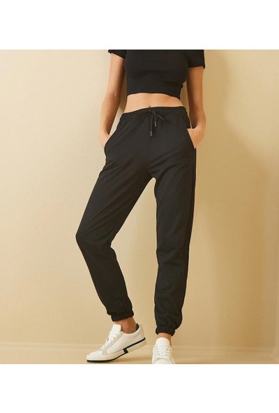 Morgrid Kadın Siyah Yüksek Bel ve Paça Lastikli Eşofman Altı